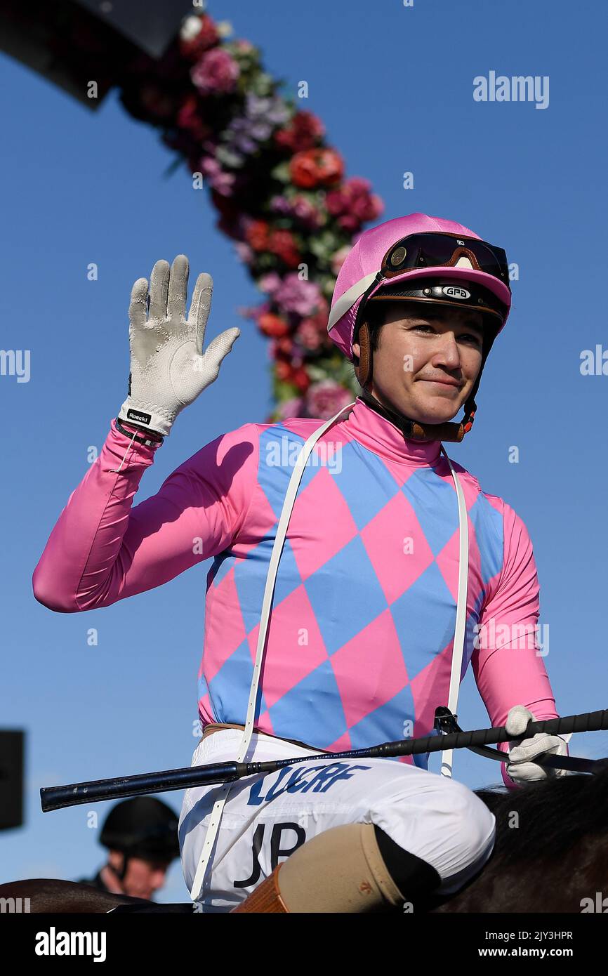 Jockey Jake Bayliss gestures after riding Looks Like Elvis to victory ...