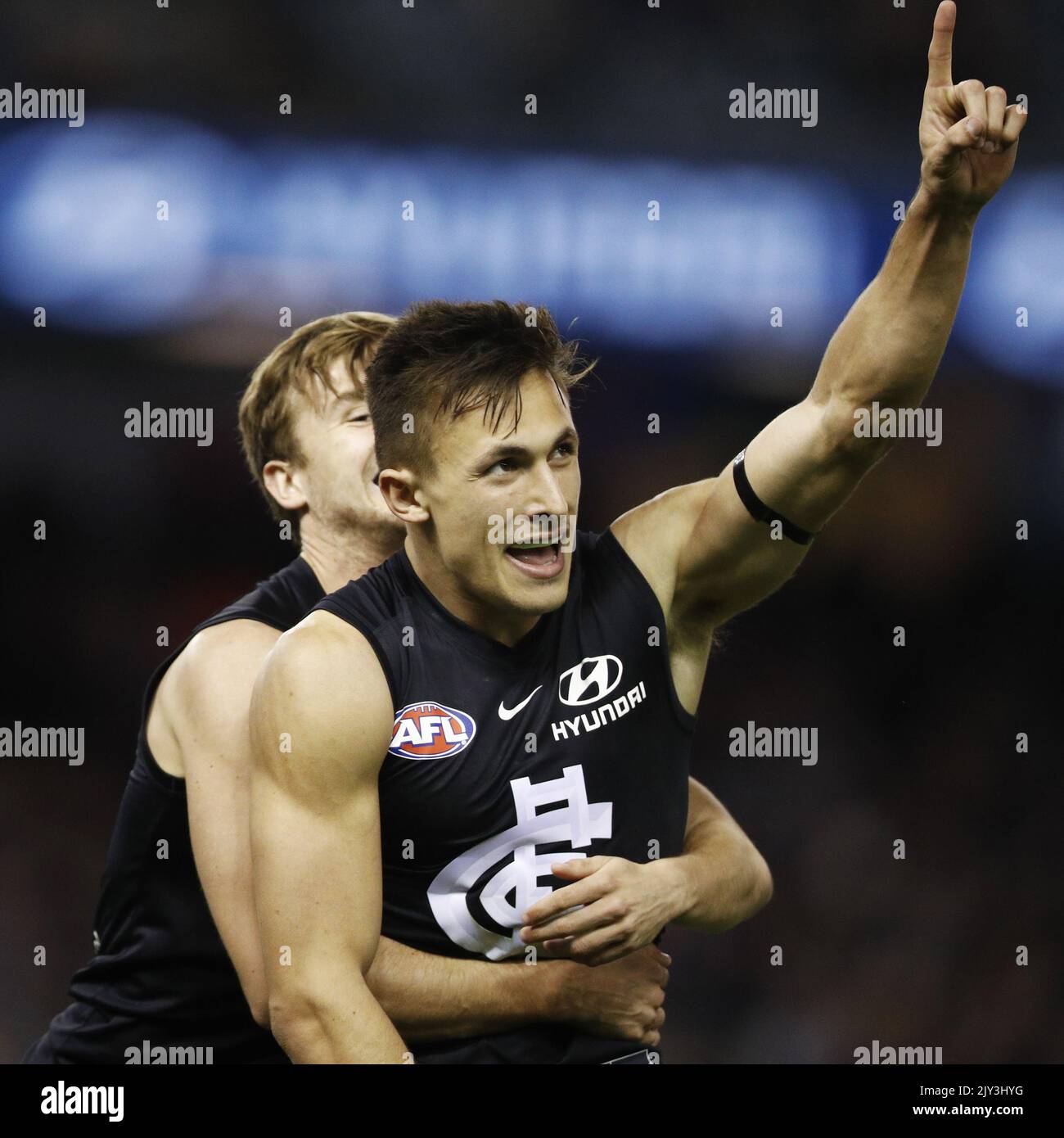 Josh Deluca of the Blues celebrates a goal during the Round 18 AFL ...