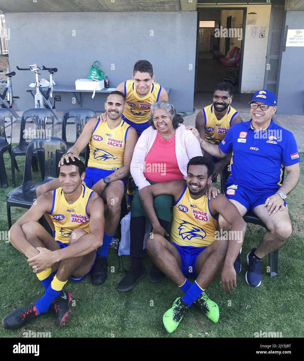 West Coast Eagles Indigenous players pose for a photo with Arrente ...