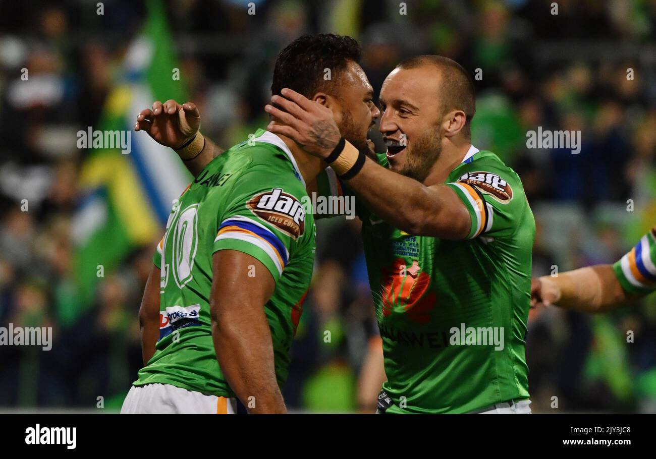 Raiders Josh Hodgson celebrates after Dunamis Lui (left) scores a try ...