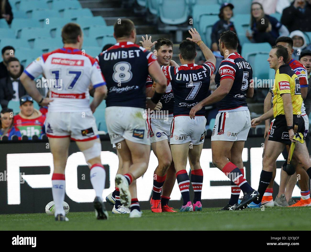 Victor Radley of the Roosters enjoys scoring a try during the Round 18 ...