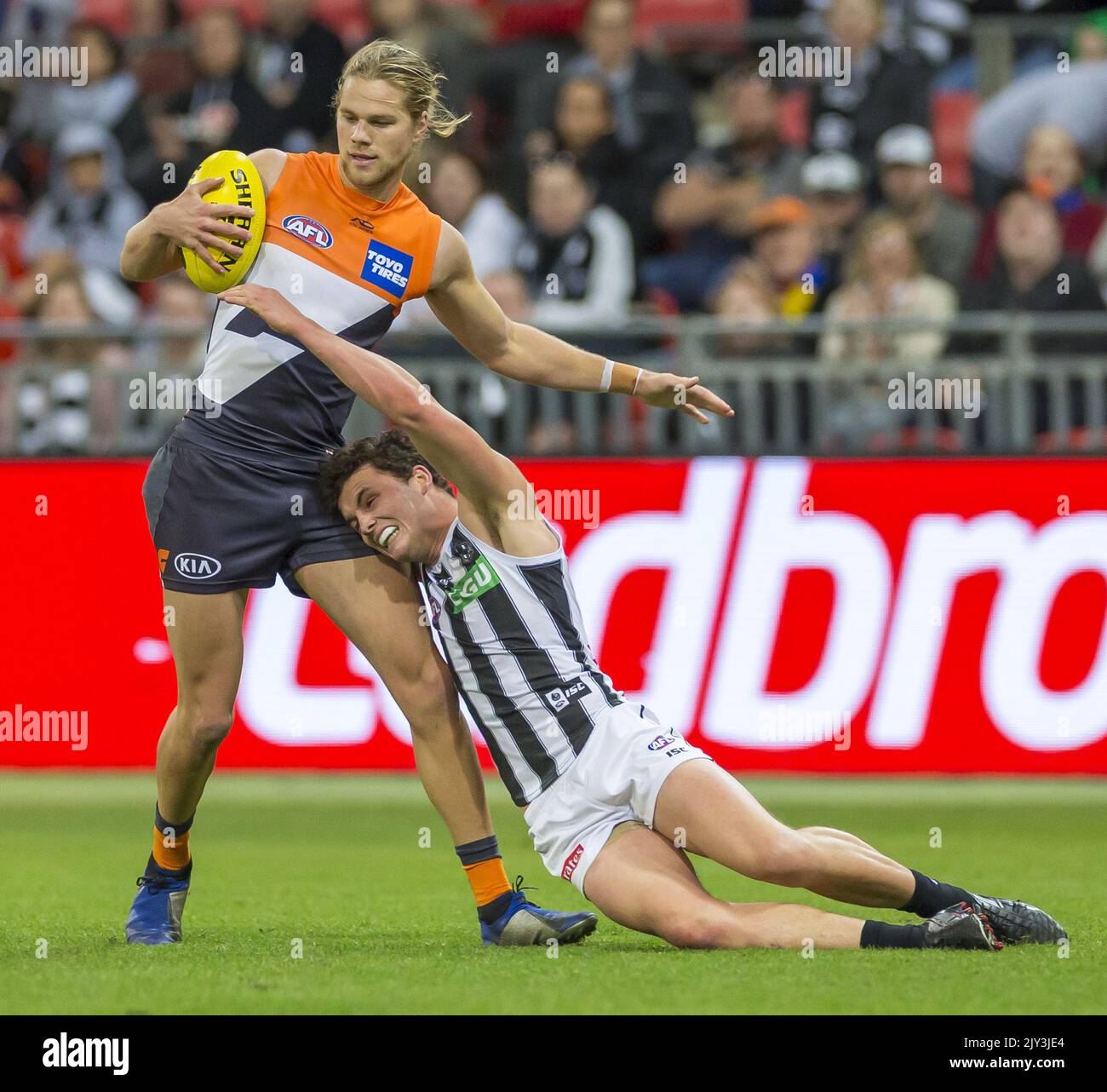 Harrison Himmelberg of the Giants marks then goals during the Round 18 ...