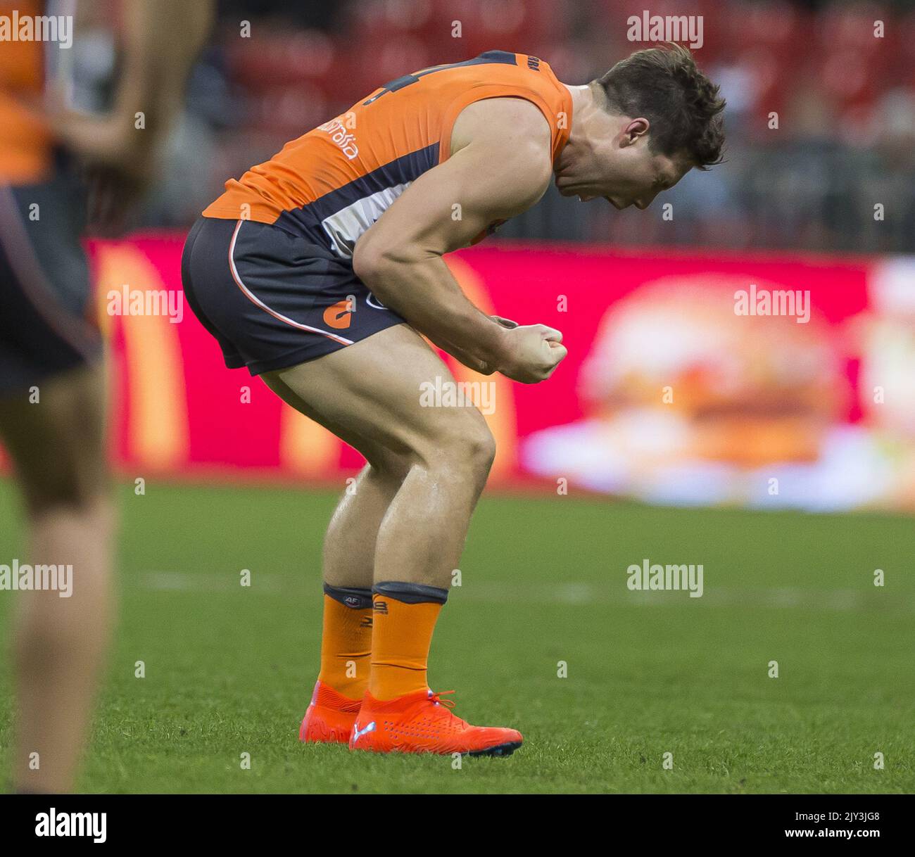 Toby Greene of the Giants celebrates after kicking a goal during the ...