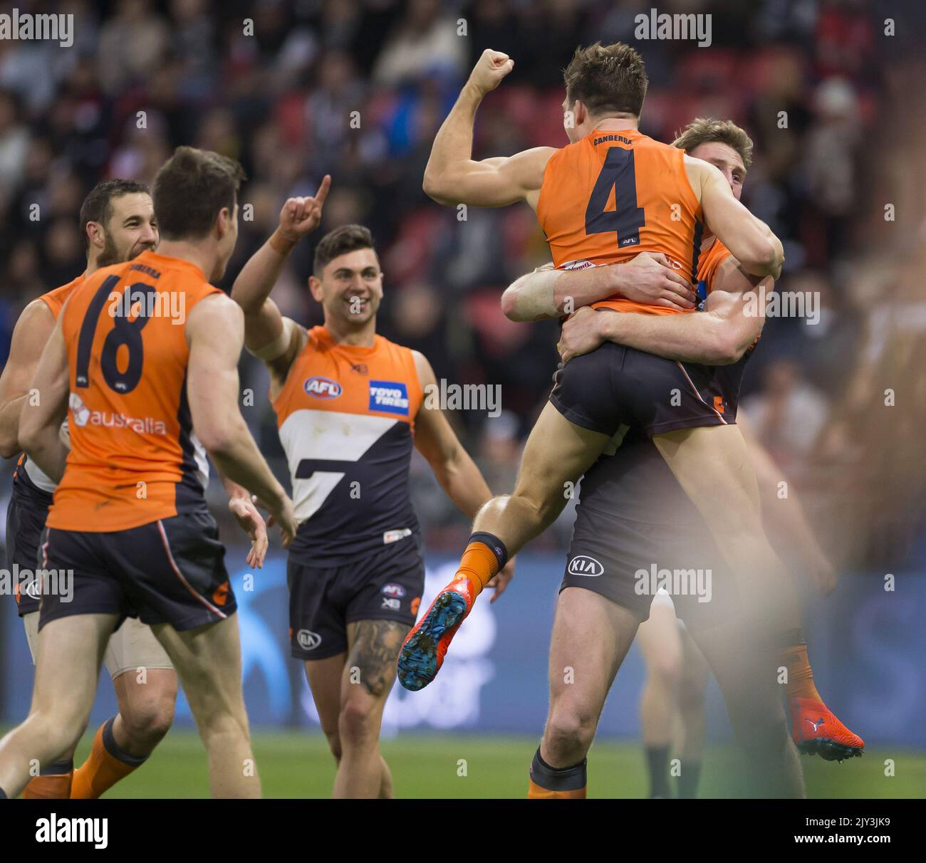 Toby Greene of the Giants celebrates after kicking a goal during the ...