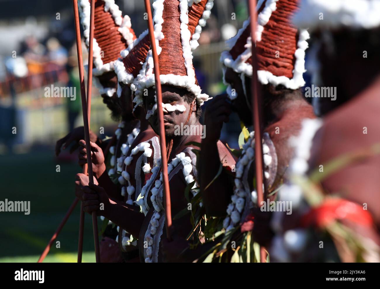 Aboriginal dancers are seen before the start of the Round 18 AFL match ...