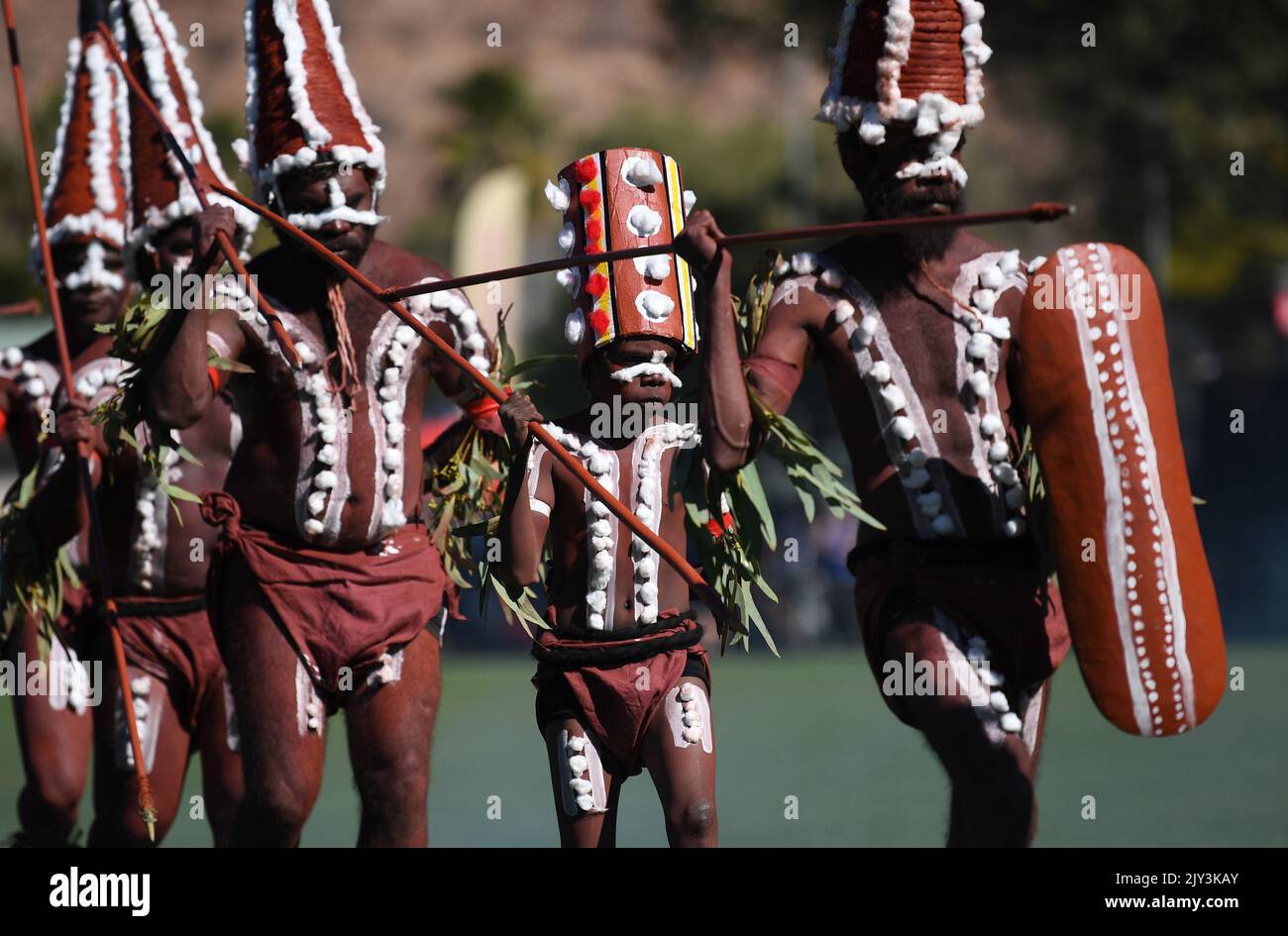 Aboriginal dancers are seen before the start of the Round 18 AFL match ...