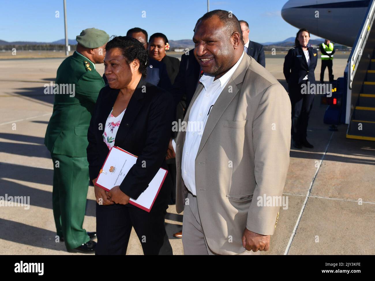 Papua New Guinea's Prime Minister James Marape and wife Rachel Marape arrive at Fairbairn ...