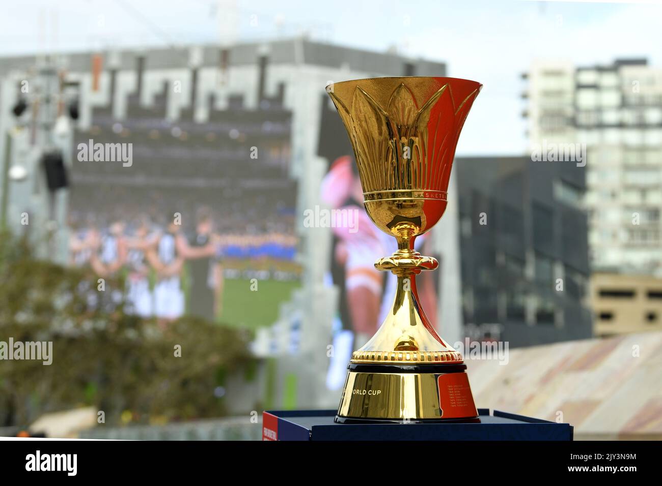 The FIBA World Cup trophy is seen during a media call at Federation ...