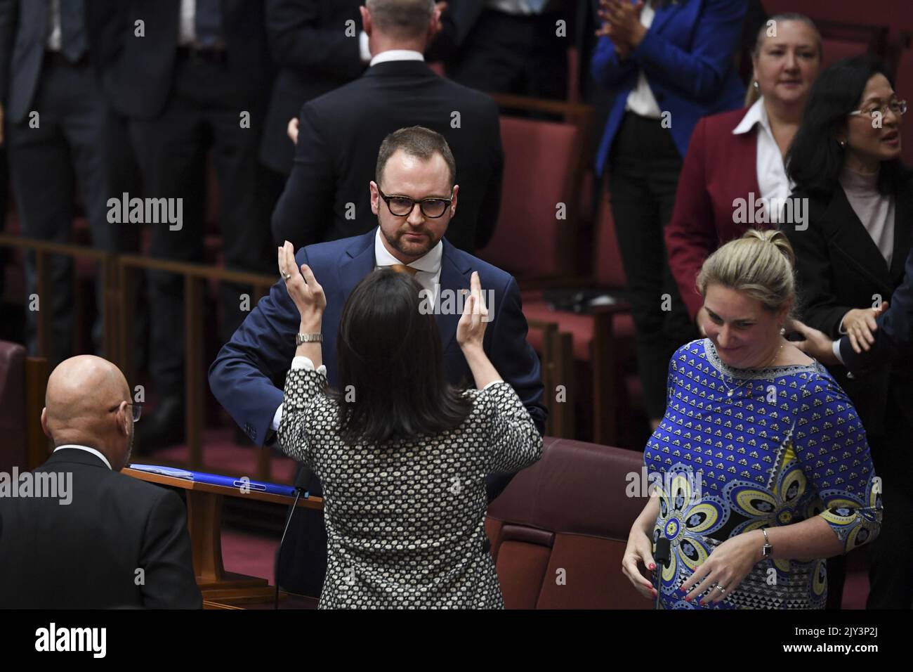 Liberal Senator for NSW Andrew Bragg is congratulated after delivering ...