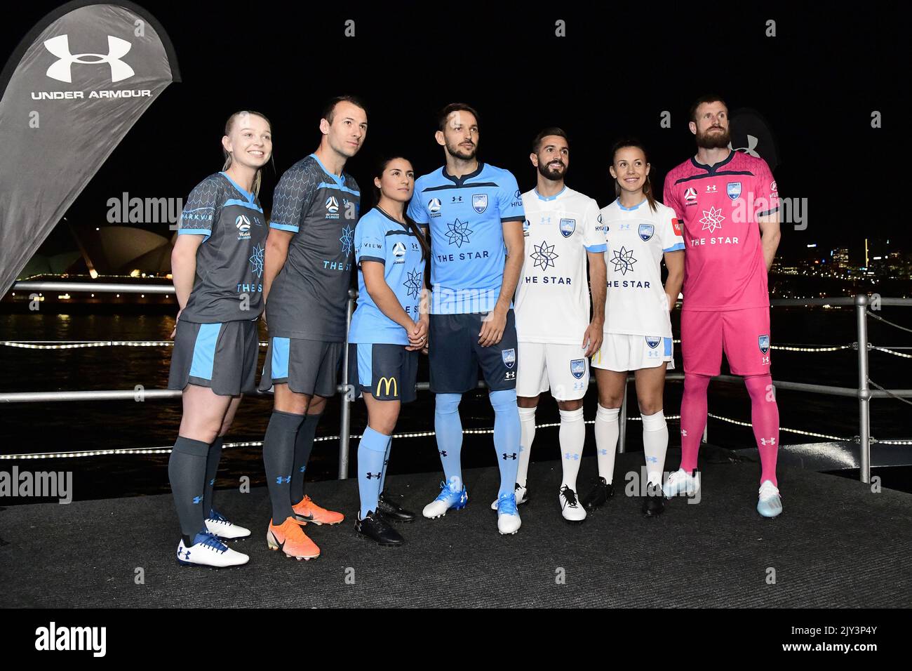 Sydney FC players (L-R) Liz Ralston, Adam Le Fondre, Teresa Polias ...