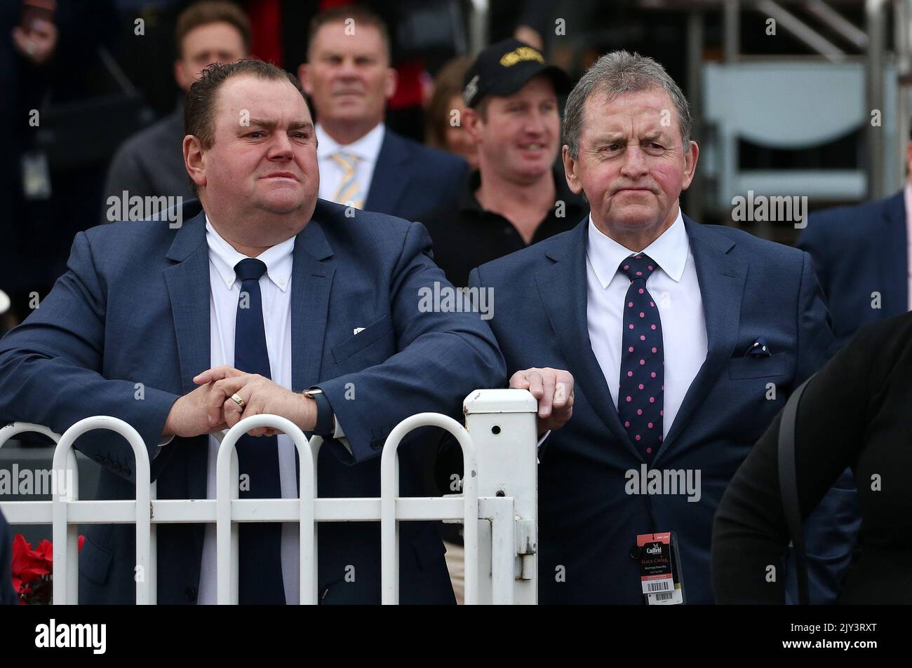Trainer Troy Corstens is seen with former AFL coach Denis Pagan during ...