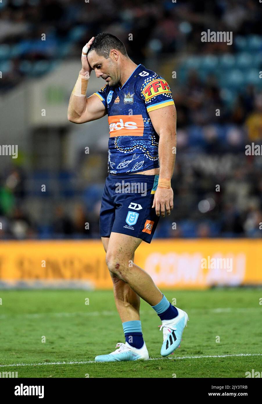 Michael Gordon of the Titans reacts after being sent off during the ...