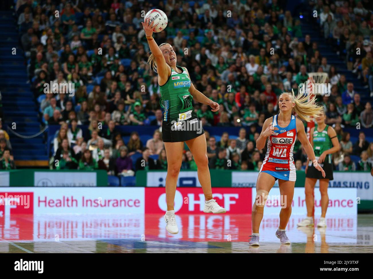 Jessica Anstiss of the Fever gathers the ball during the Round 10 Super ...