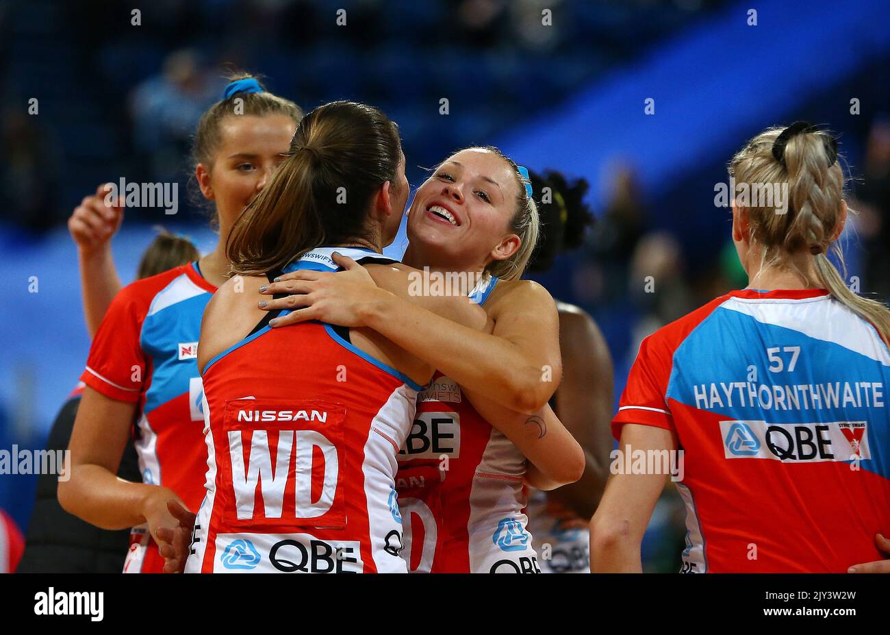 Sophie Halpin of the Swifts celebrates with Kayla Cullen of the Swifts ...