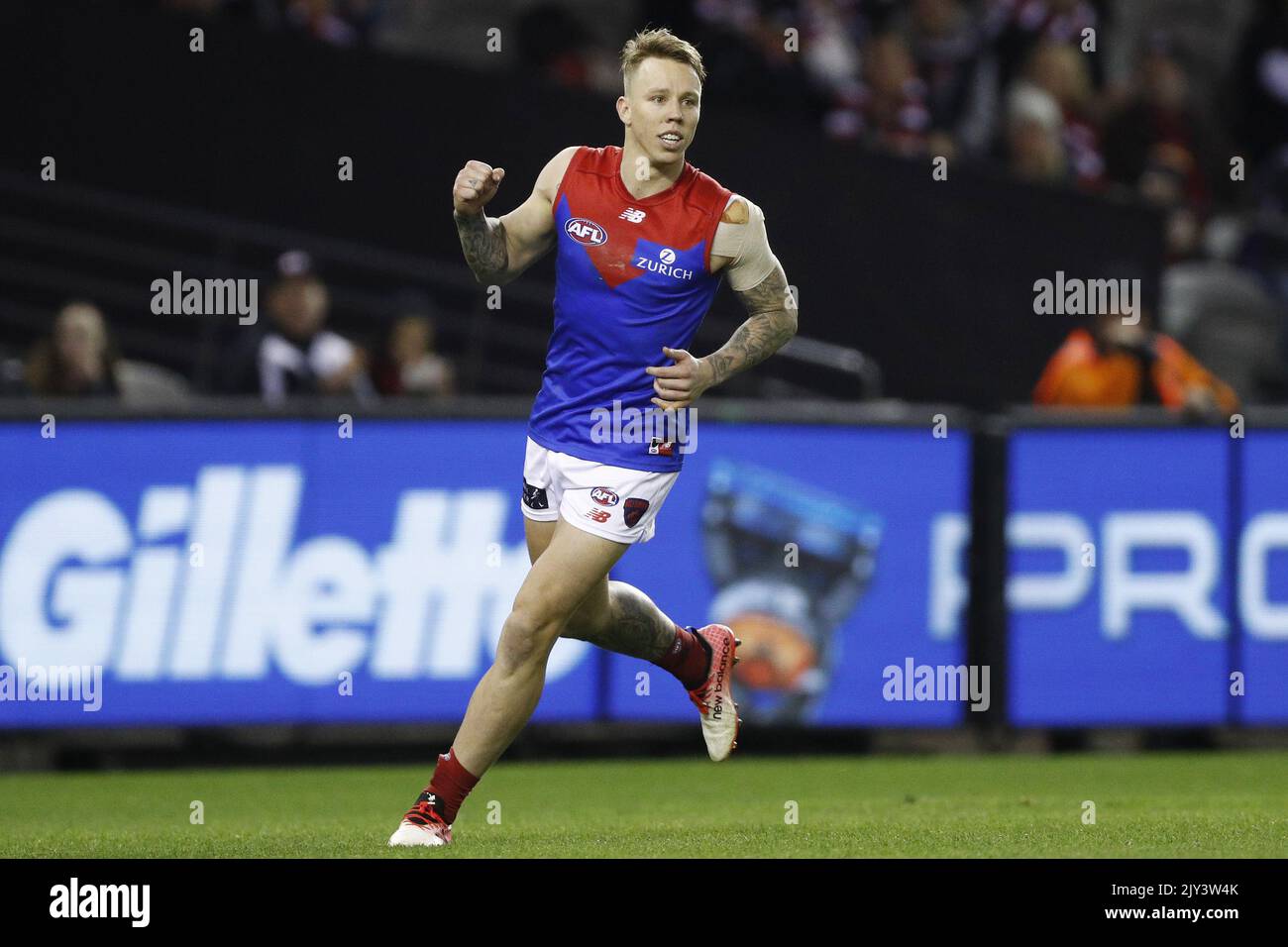 James Harmes of the Demons celebrates a goal during the Round 19 AFL ...