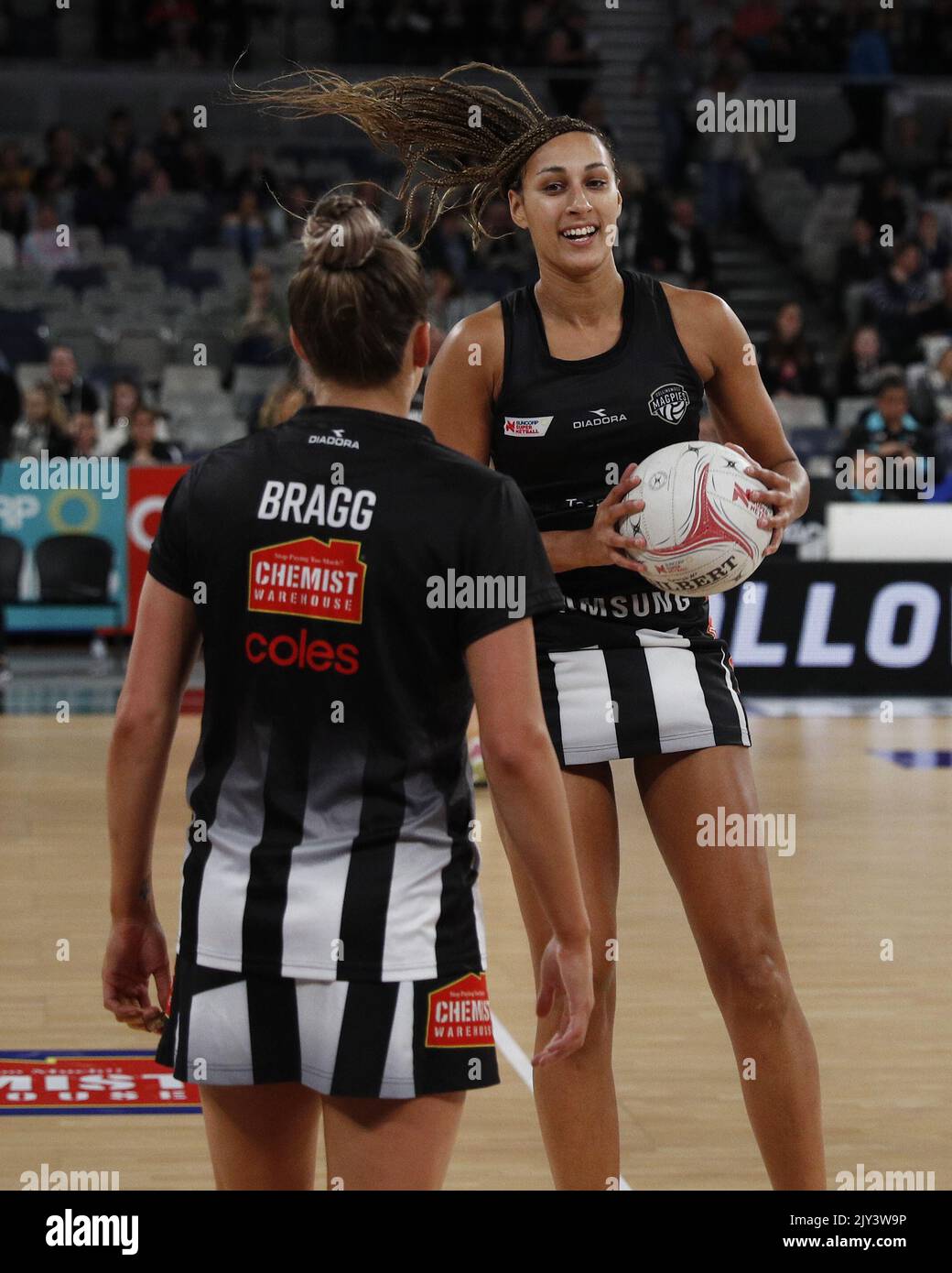 Geva Mentor of the Magpies warms up ahead of the Round 10 Super Netball ...