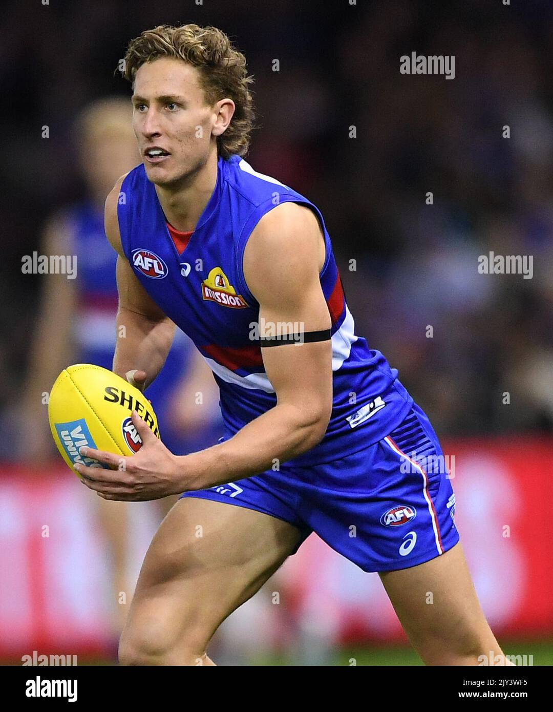 Aaron Naughton of the Bulldogs is seen in action during the Round 19 ...