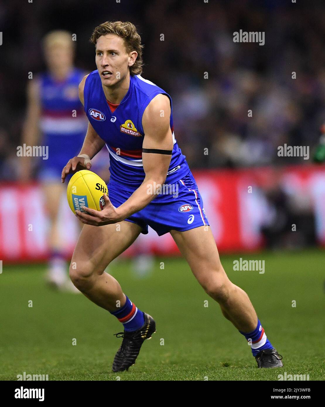 Aaron Naughton of the Bulldogs is seen in action during the Round 19 ...