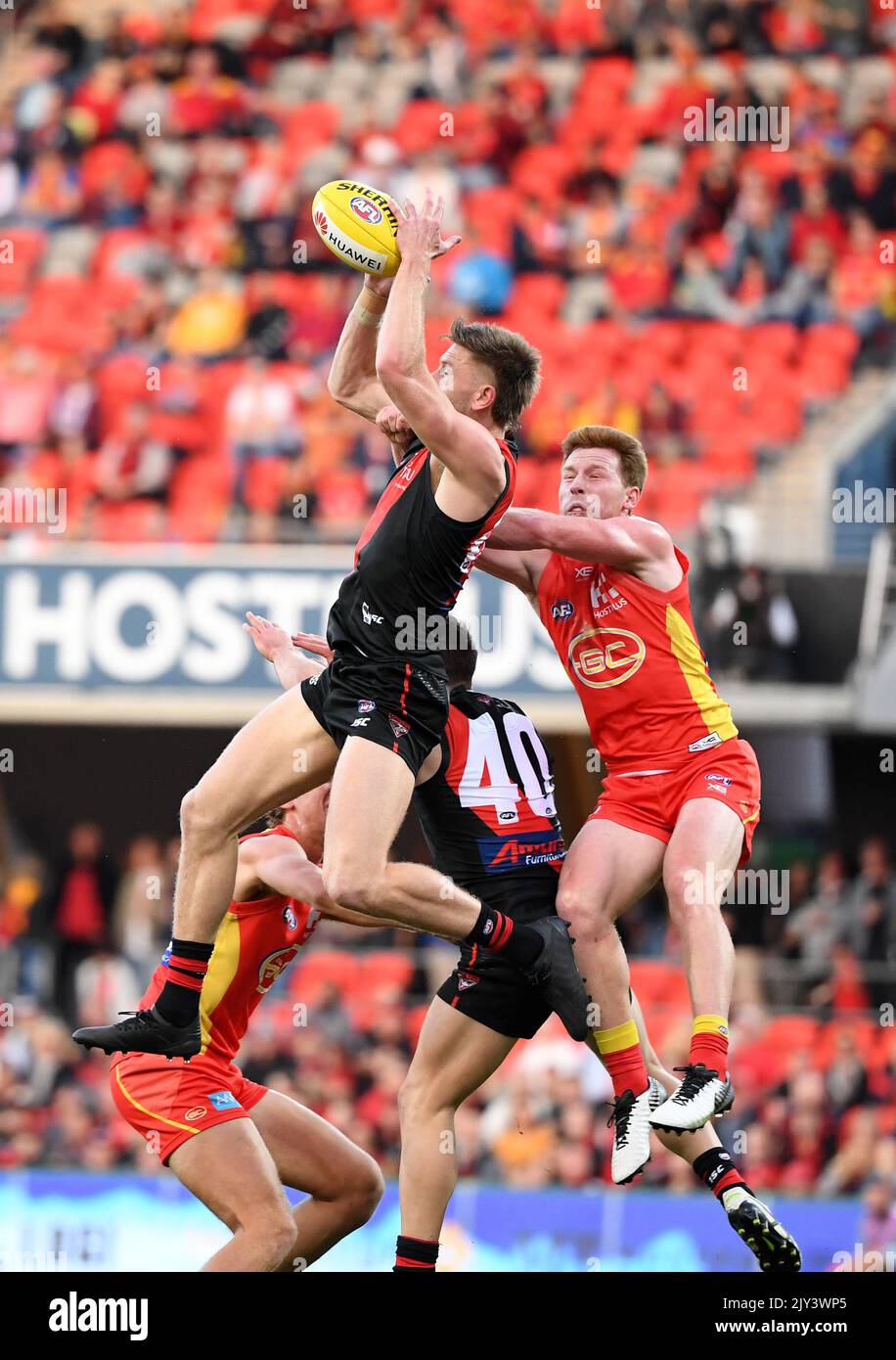 Jayden Laverde of the Bombers attempts to mark the ball during the ...