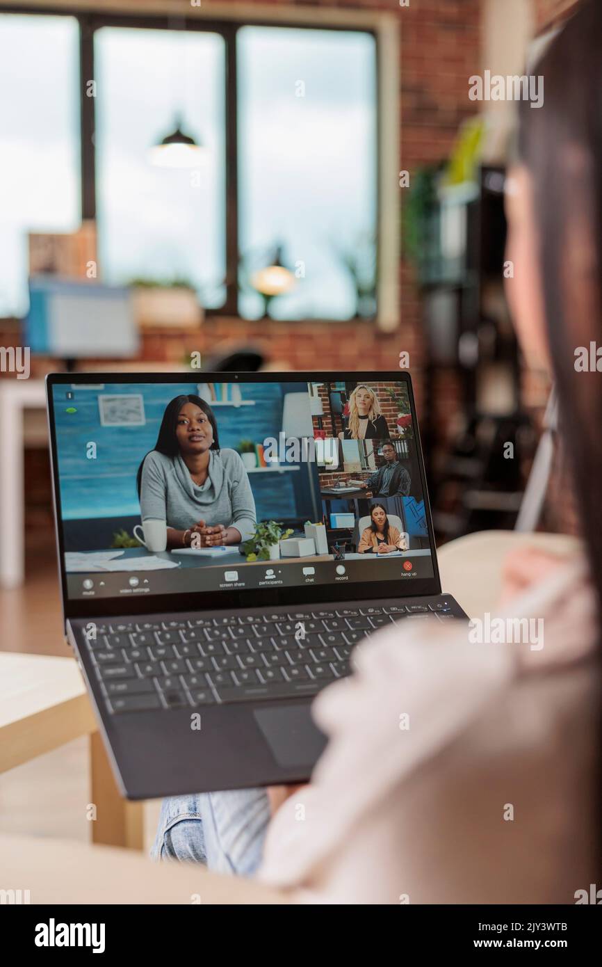 Woman on online video call communication. asian woman home phone video ...