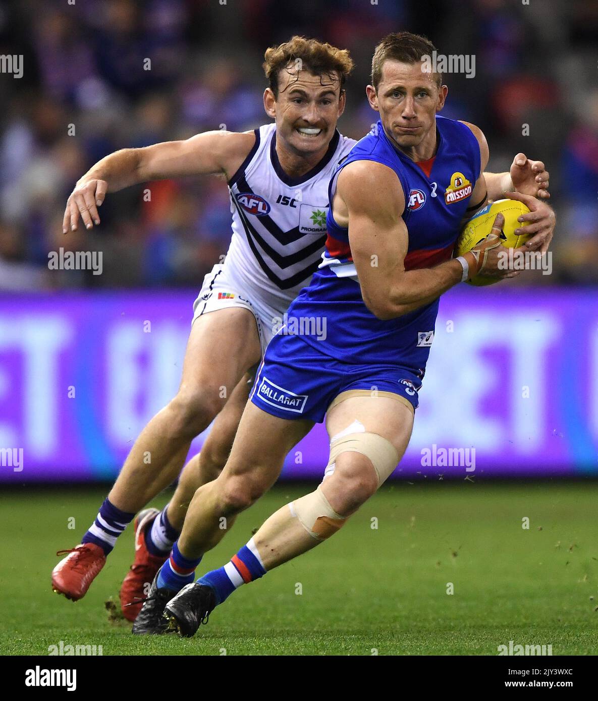 Dale Morris of the Bulldogs (right) and Connor Blakely of the Fremantle ...
