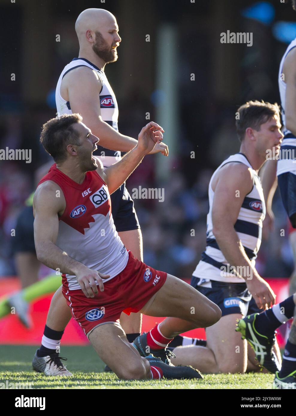 Josh P. Kennedy of the Swans celebrates kicking a goal during the Round ...