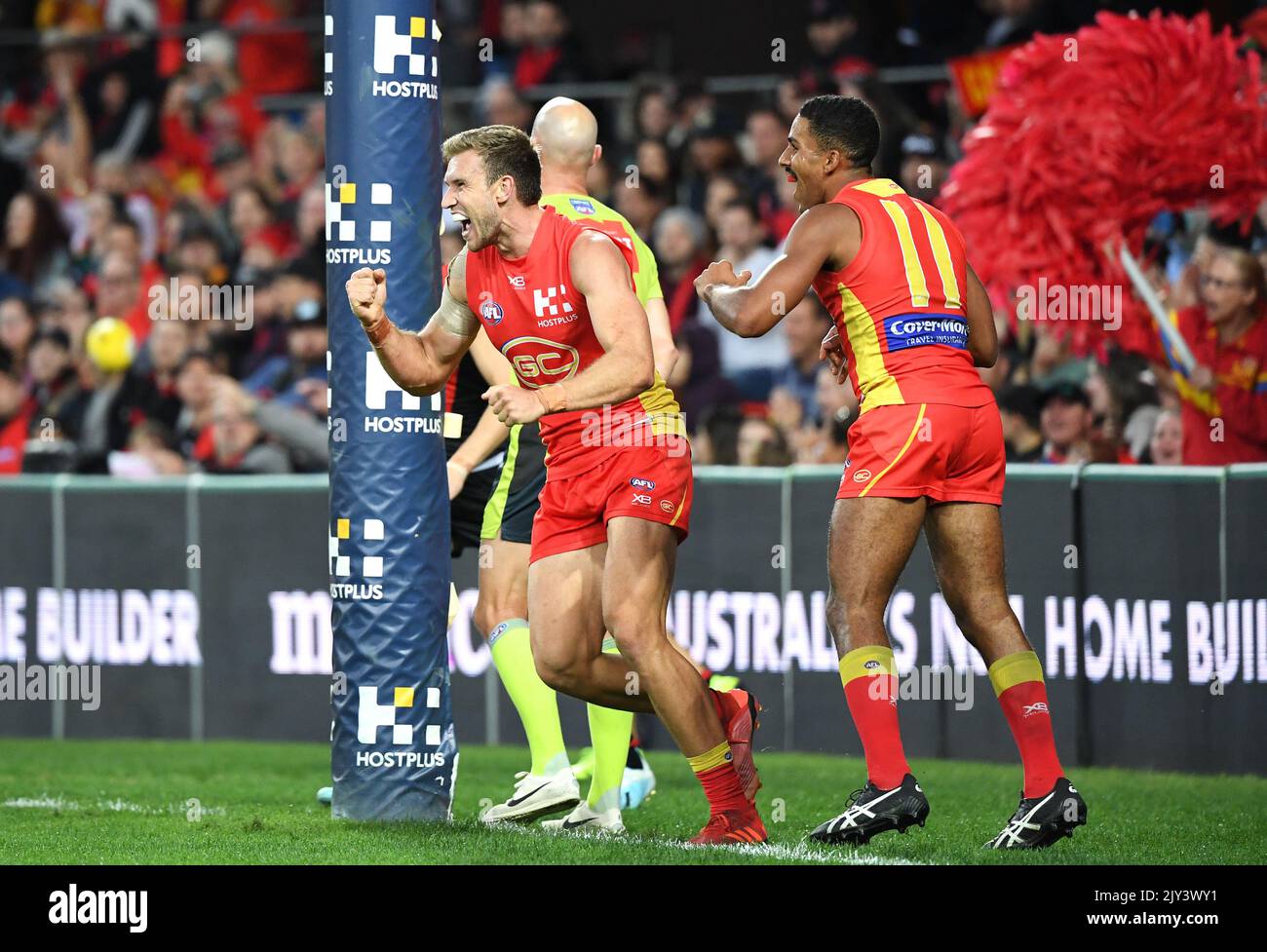 Sam Day of the Suns reacts after kicking a goal during the Round 19 AFL ...