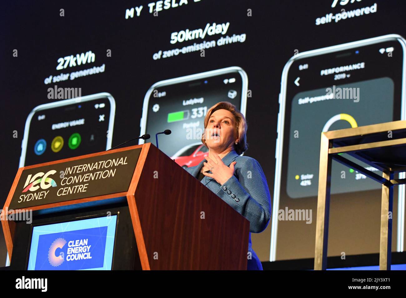 Tesla Chair Robyn Denholm addresses the Clean Energy summit at the ...