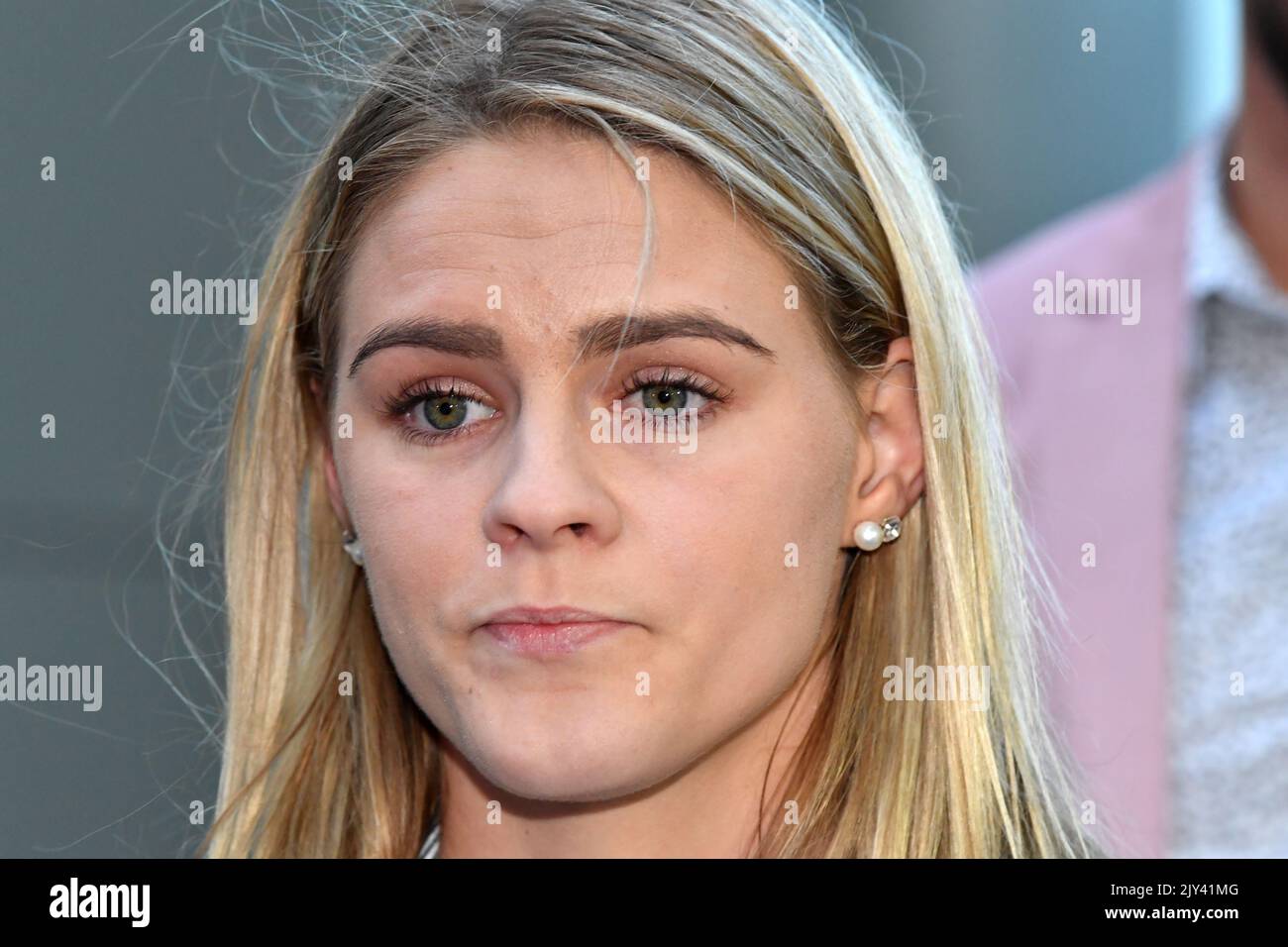 Australian swimmer Shayna Jack is seen talking to the media after her ...