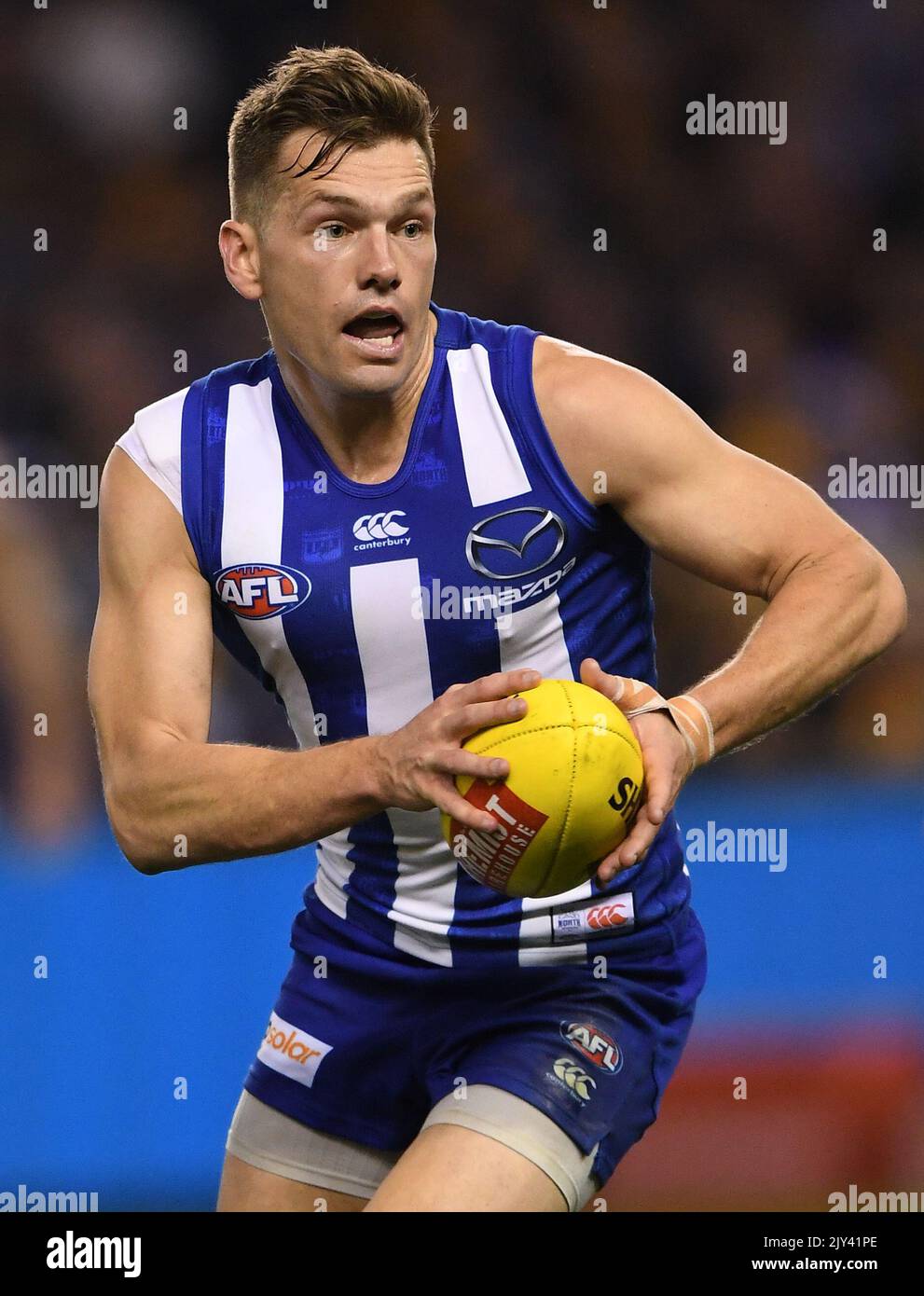 Shaun Higgins of the Kangaroos is seen in action during the Round 20 ...