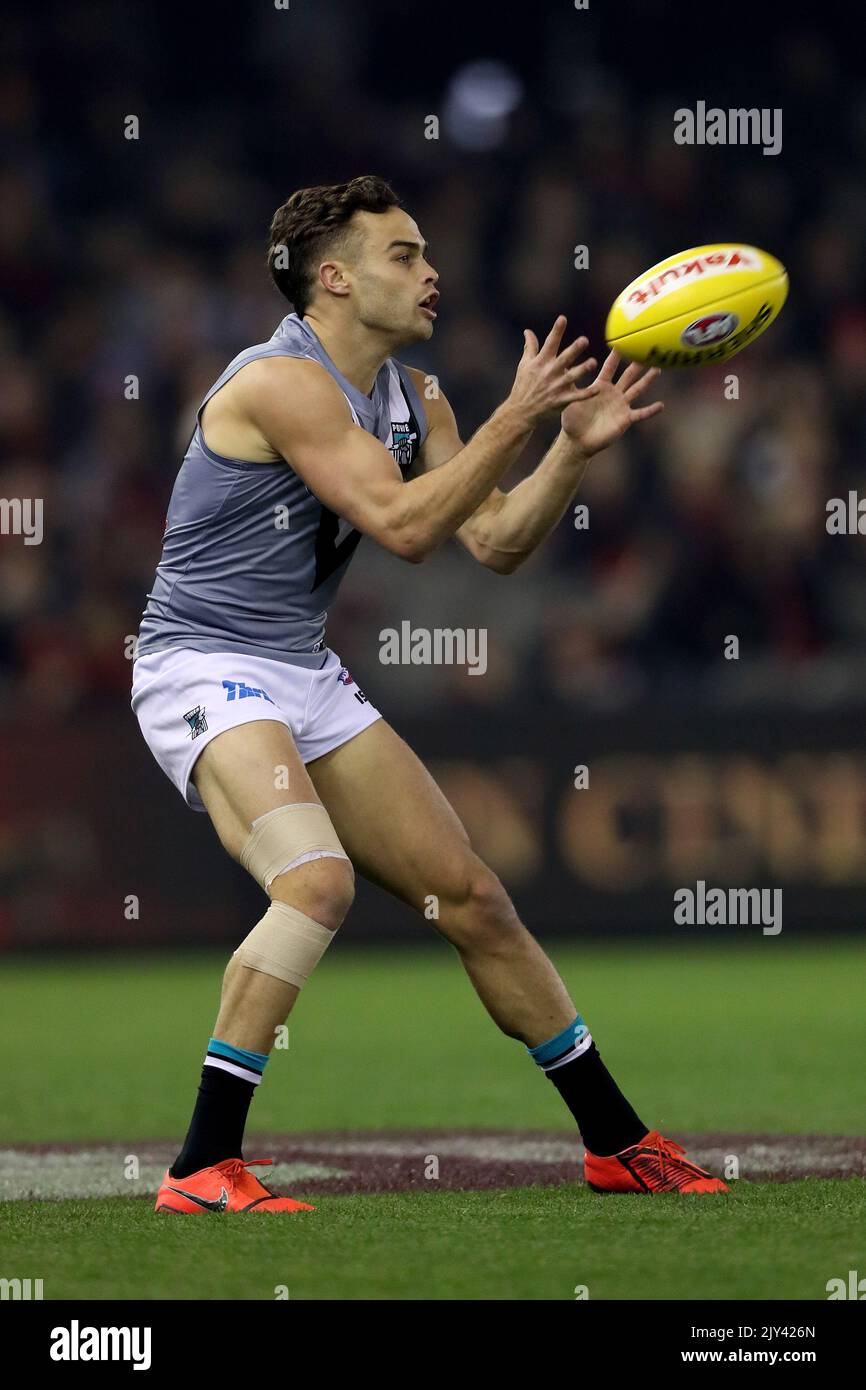 Karl Amon of the Power marks during the Round 20 AFL match between the ...