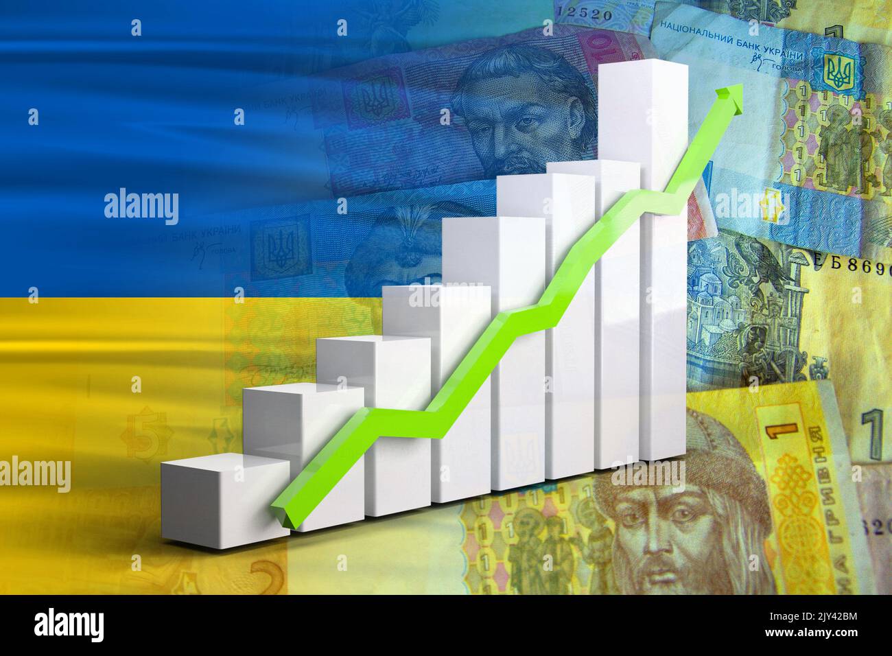 Economy graph: rising arrow, cash hryvnia banknotes and Ukraine flag ...
