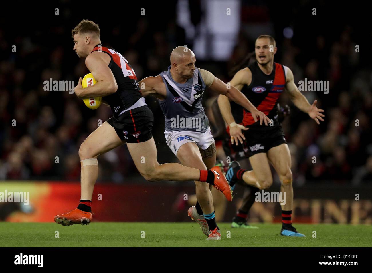 Jake Stringer of the Bombers gathers the ball during the Round 20 AFL ...