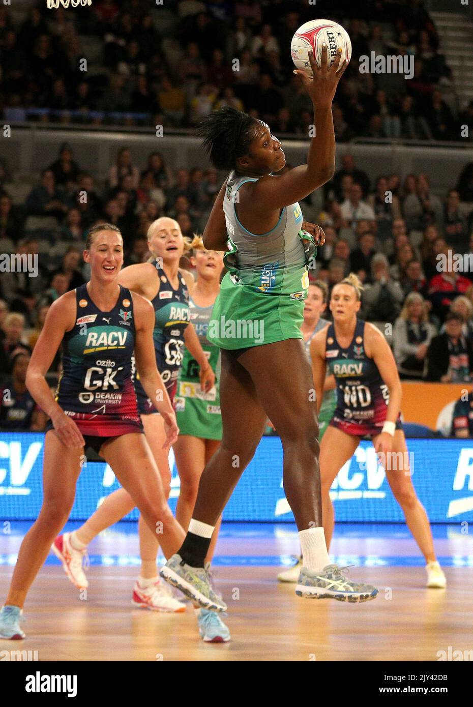 Jhaniele Fowler of the Fever controls the ball during the Round 11 ...