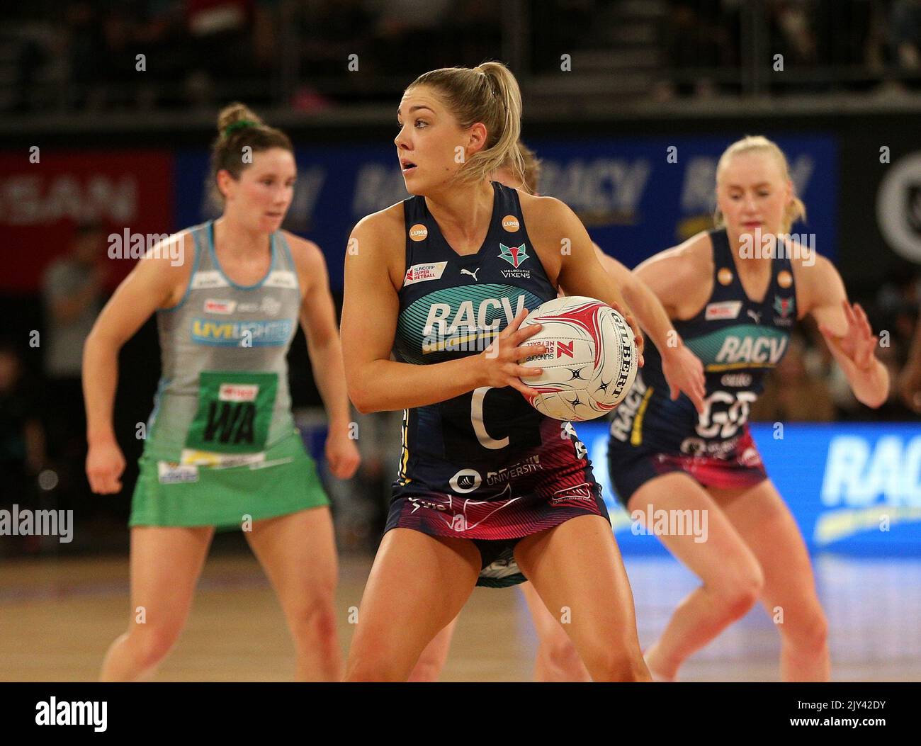 Kate Moloney of the Vixens controls the ball during the Round 11 Super ...