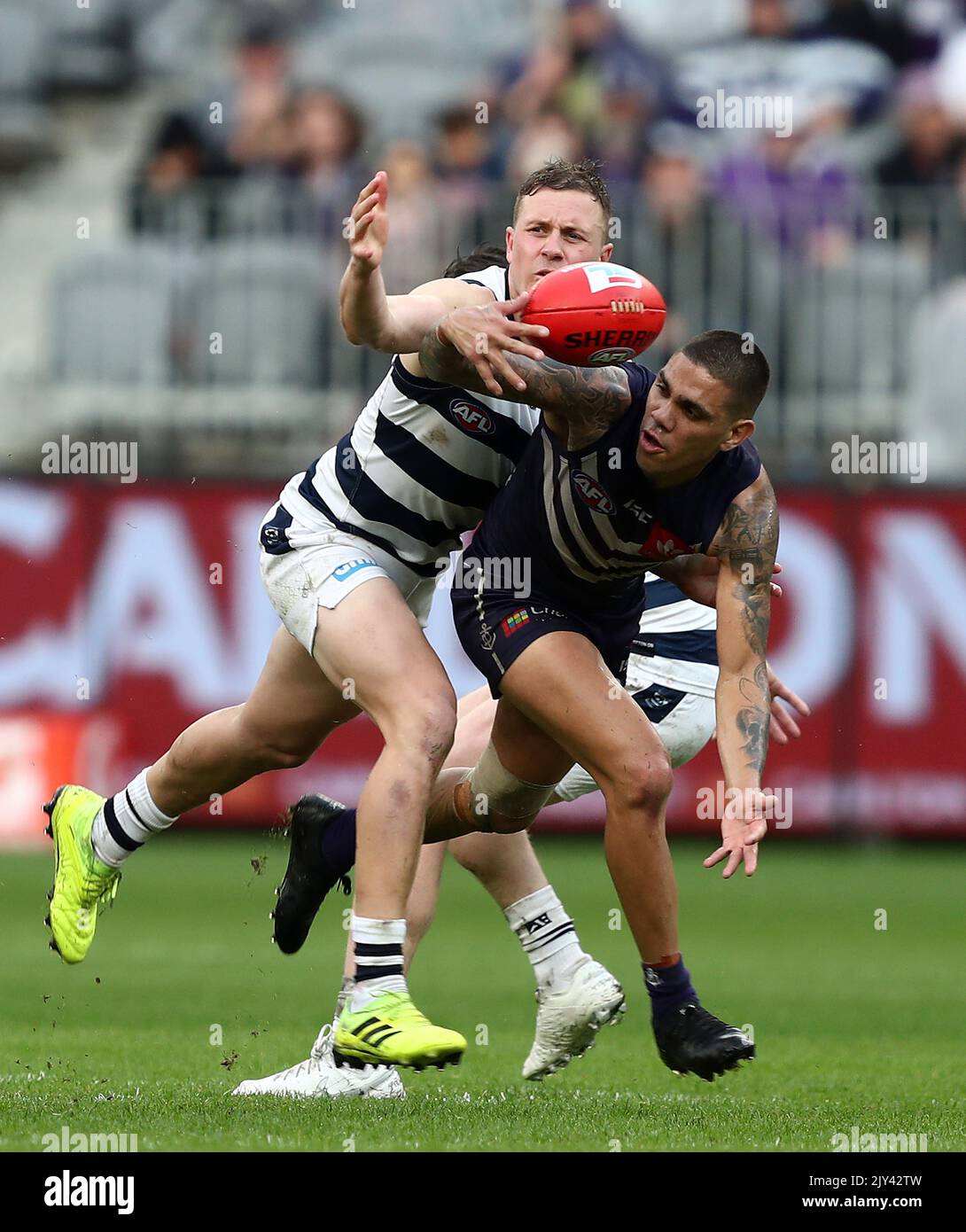 Michael Walters of the Dockers battles for the ball with Mitch Duncan ...