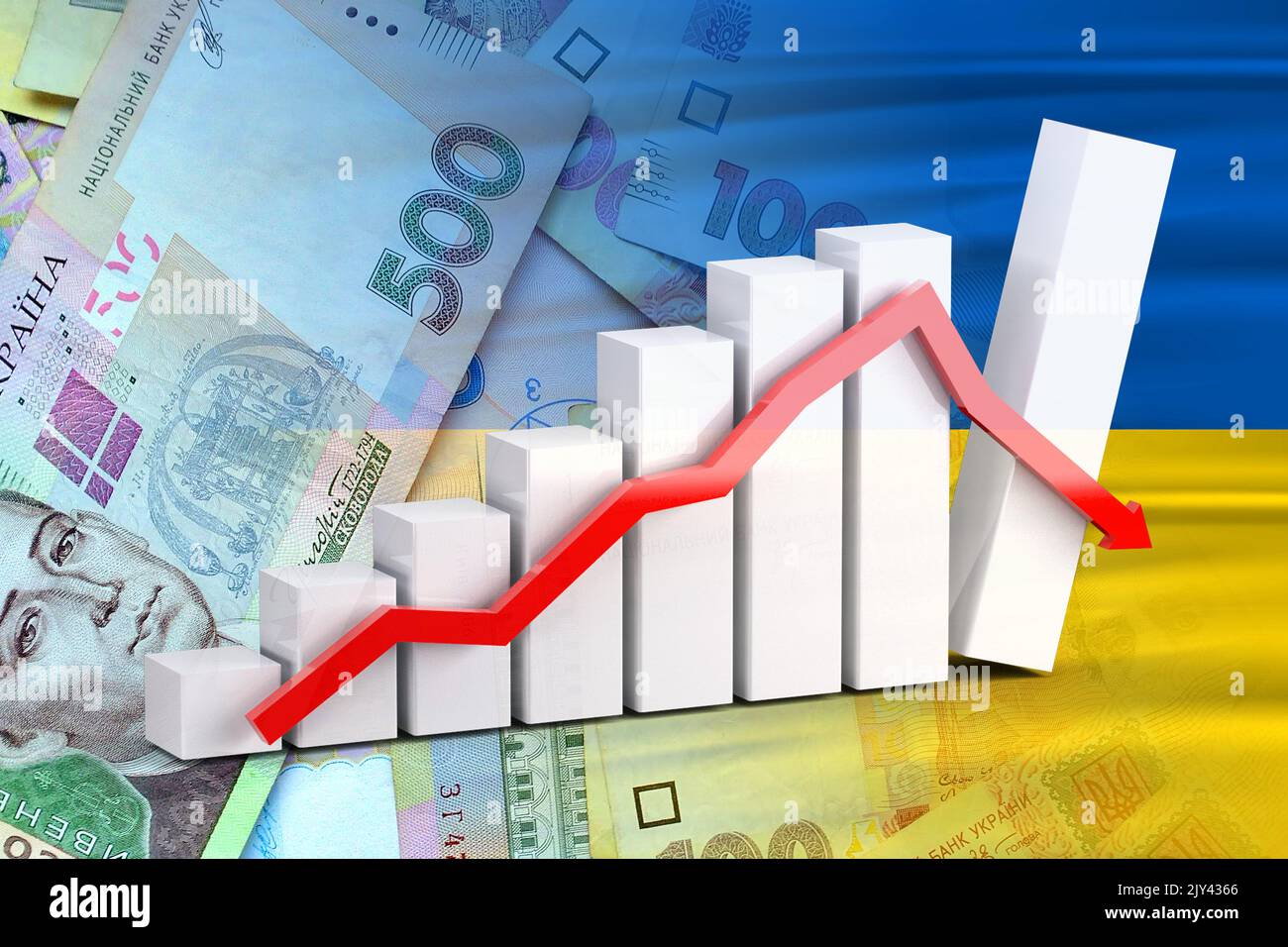 Economy Graph - Down Arrow, Cash Hryvnia Banknotes and Ukraine Flag ...