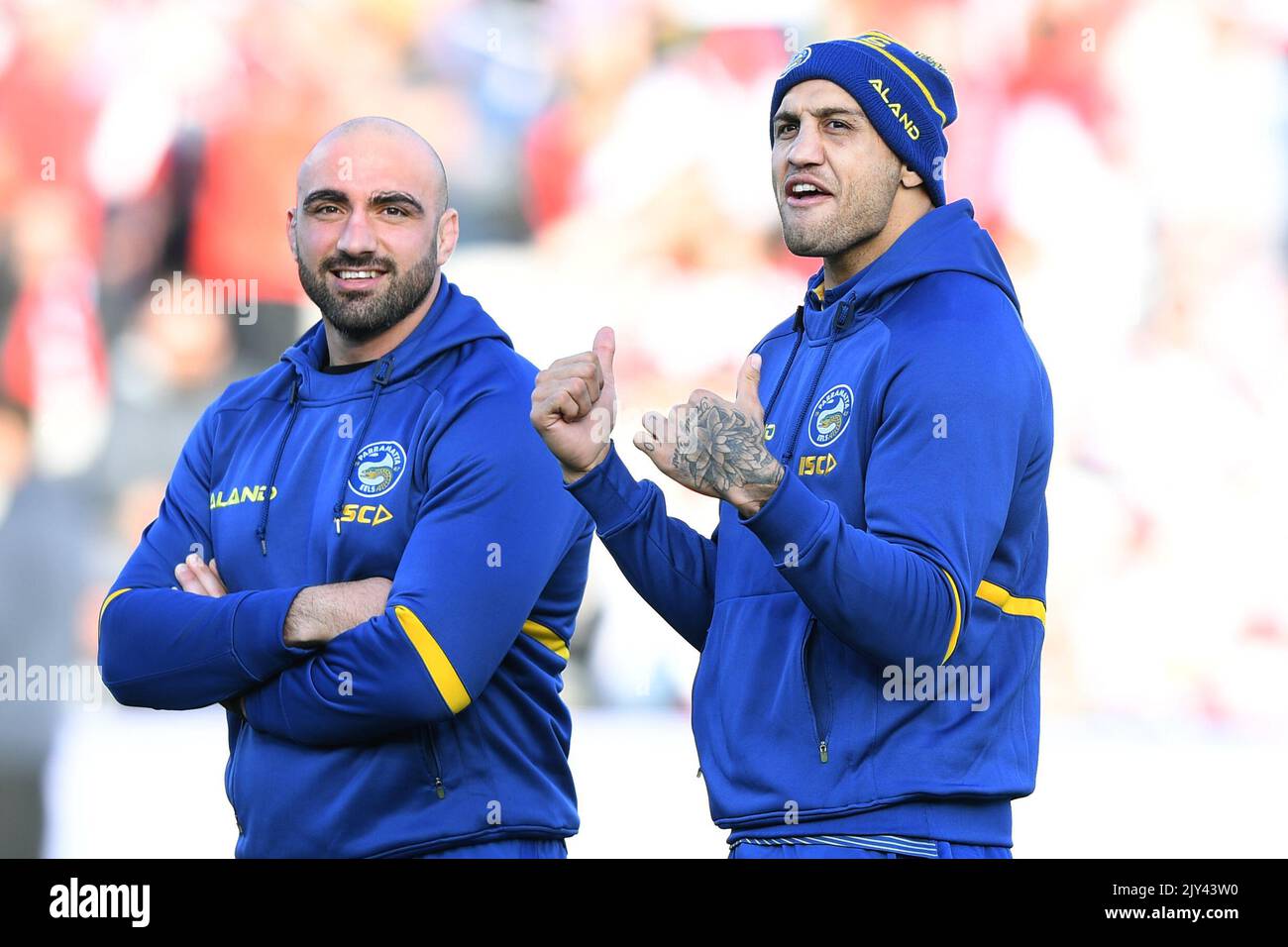 Tim Mannah (left) and Blake Ferguson of the Eels during the Round 20 ...