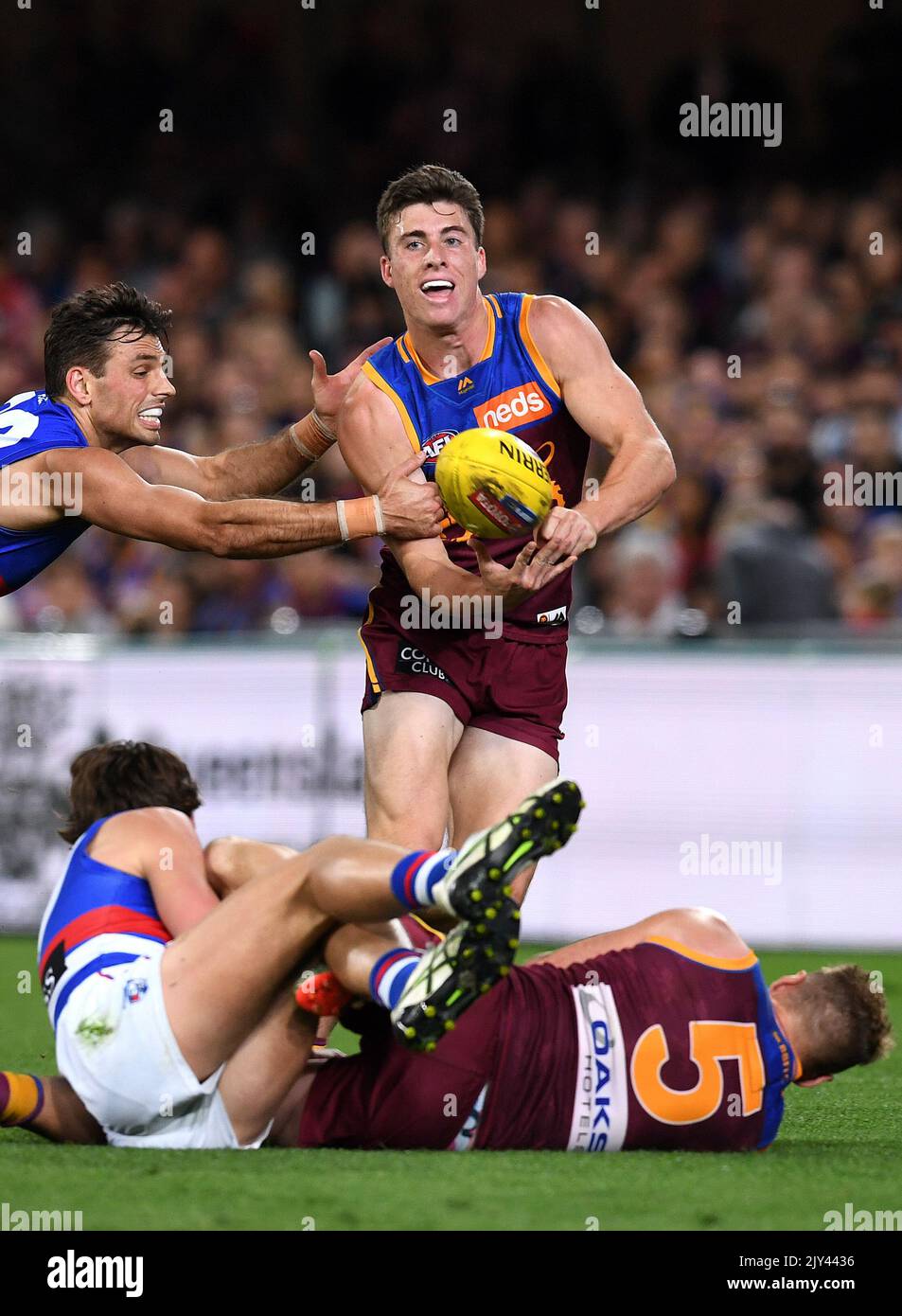 Noah Answerth of the Lions (right) in action during the Round 20 AFL ...