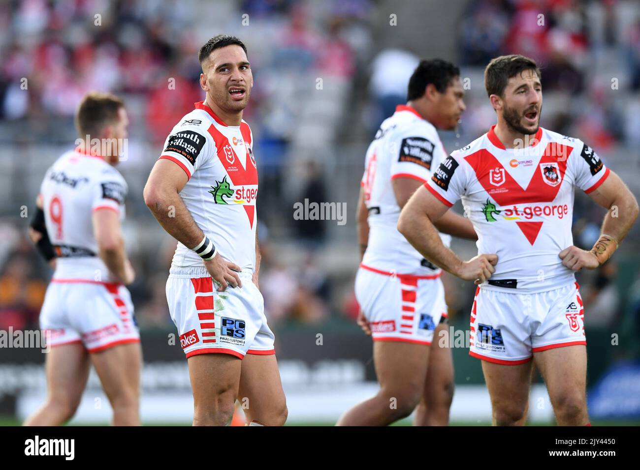 Corey Norman of the Dragons reacts during the Round 20 NRL match ...