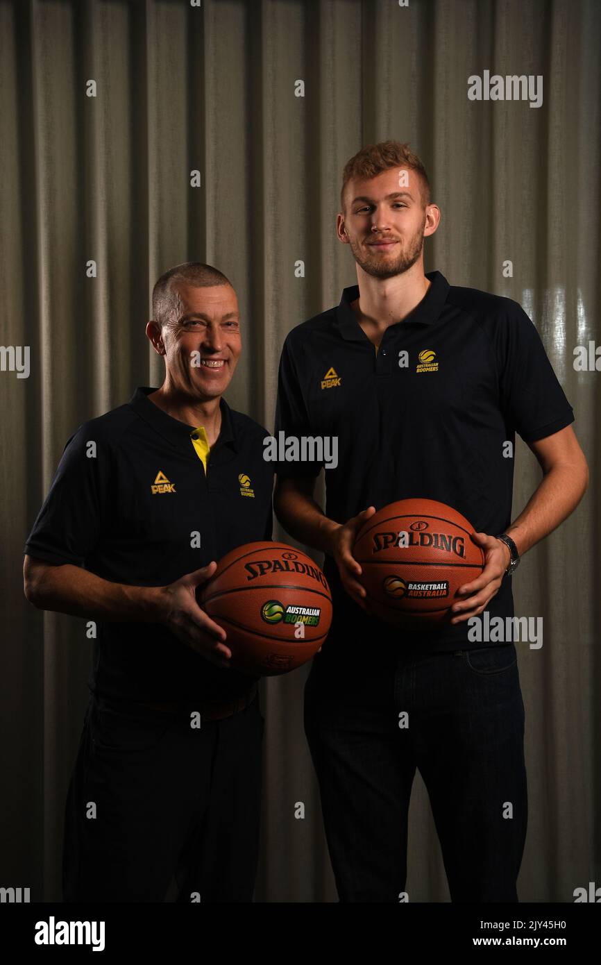 Boomers head coach Andrej Lemanis (left) and player Jock Landale pose ...