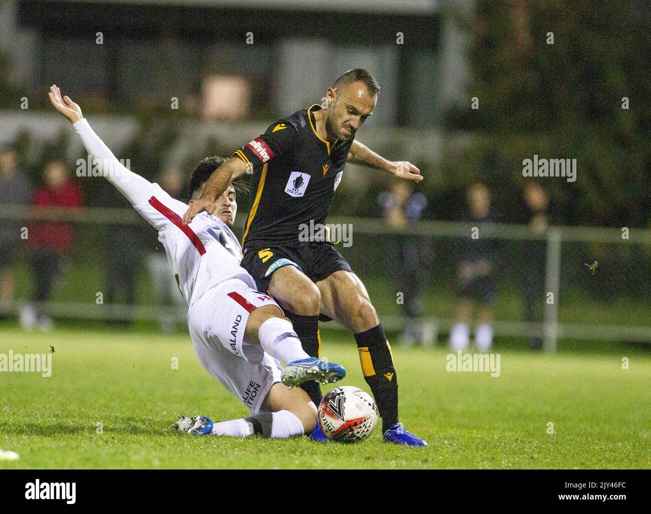 Kosta Grozos of the Wanderers and Ivan Franjic of the Glory during the ...