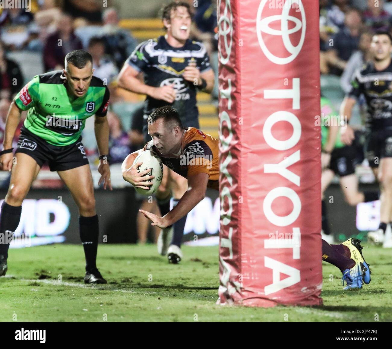 Jake Turpin of the Broncos scores a try during the Round 21 NRL match ...