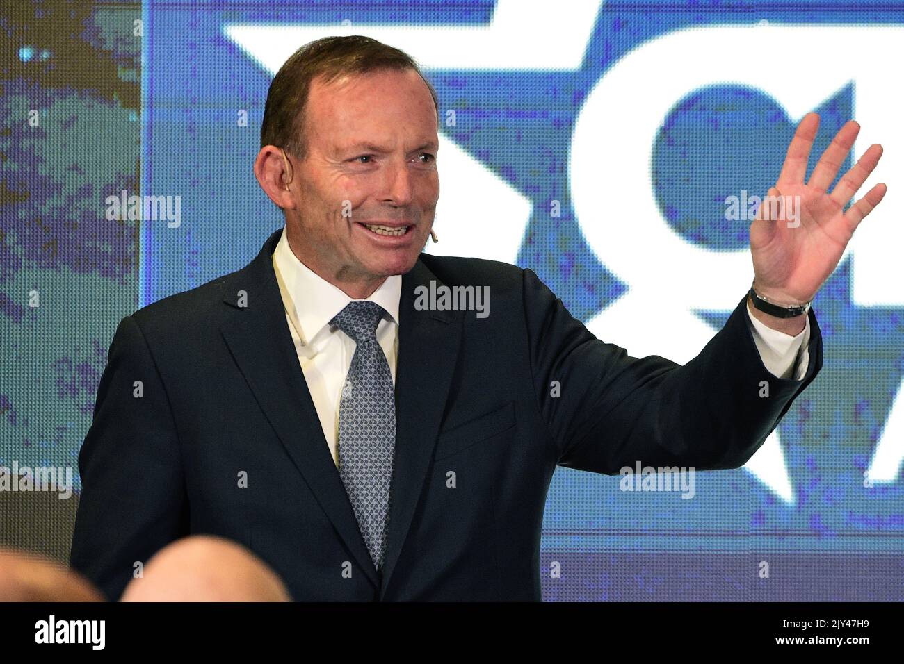 Former Australian Prime Minister Tony Abbott is seen during an address ...