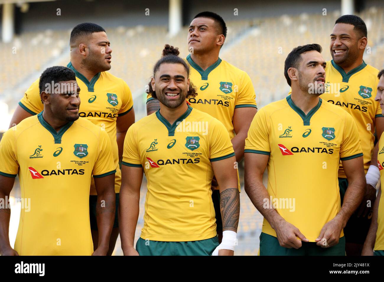 Wallabies players are seen before a team photograph is taken during the ...