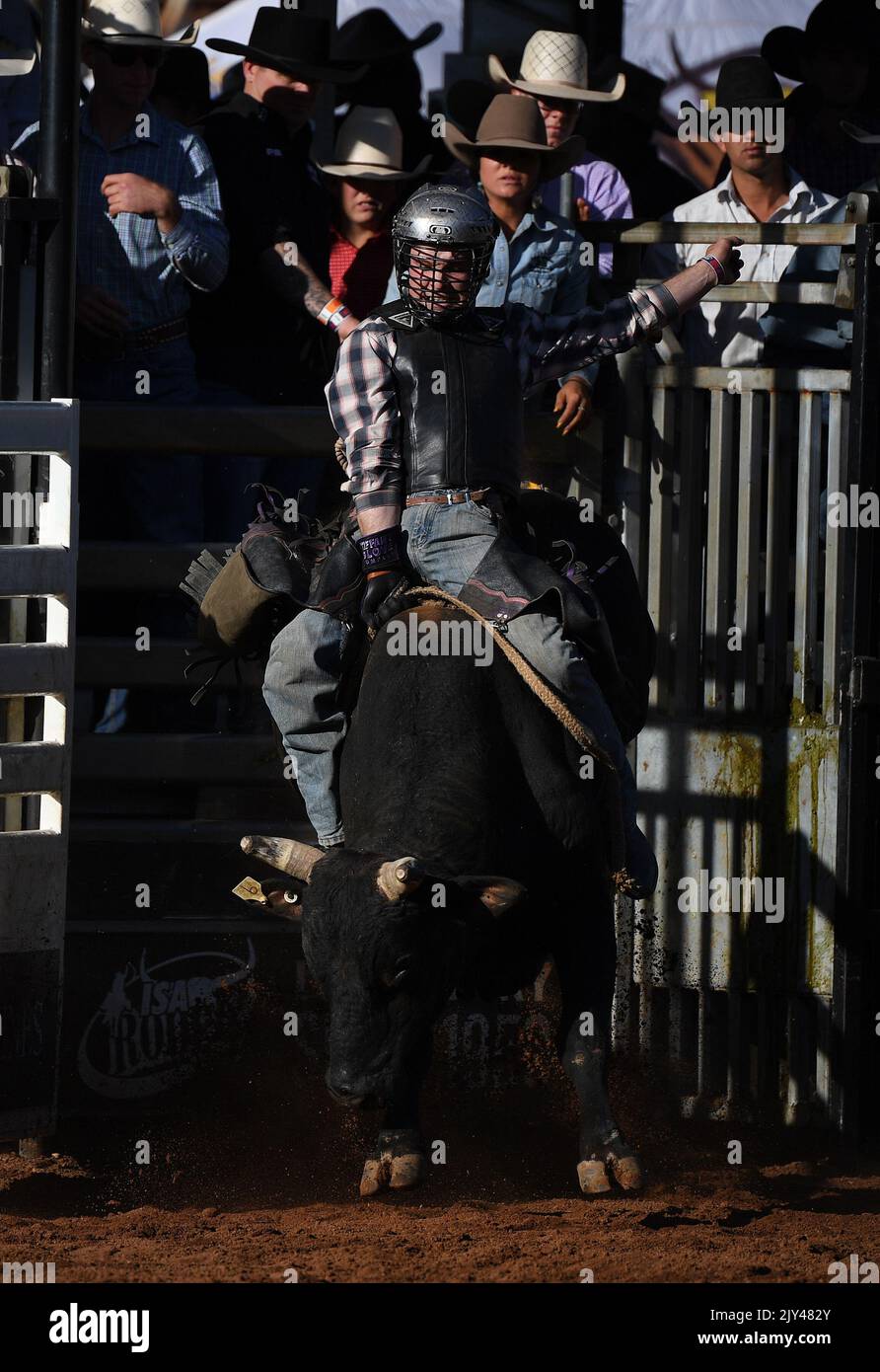 Ethan McConnell is seen during the 2nd division bull riding event at ...