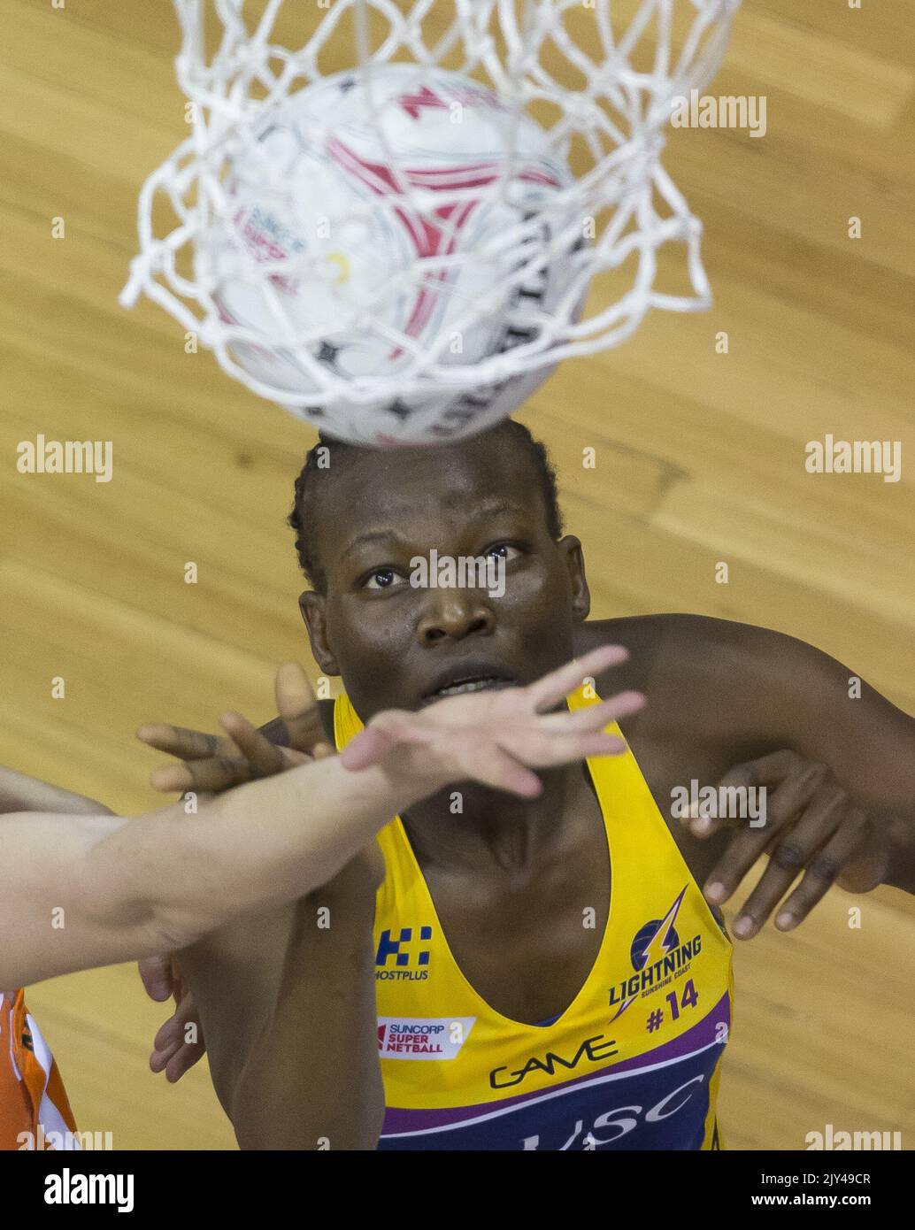 Peace Proscovia of the Lightning shoots a goal during the Round 12 ...