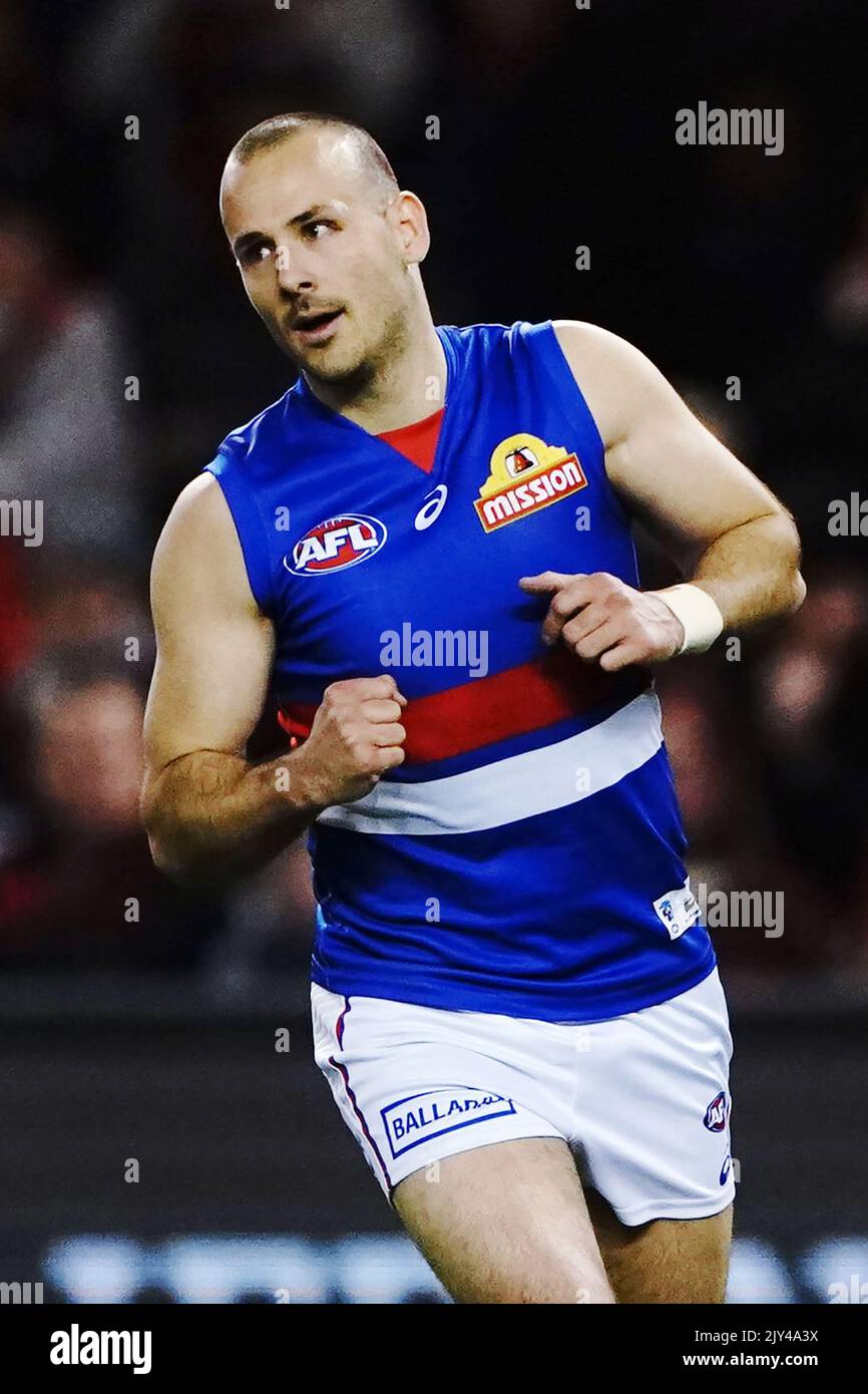 Tory Dickson of the Bulldogs celebrates a goal during the Round 21 AFL ...