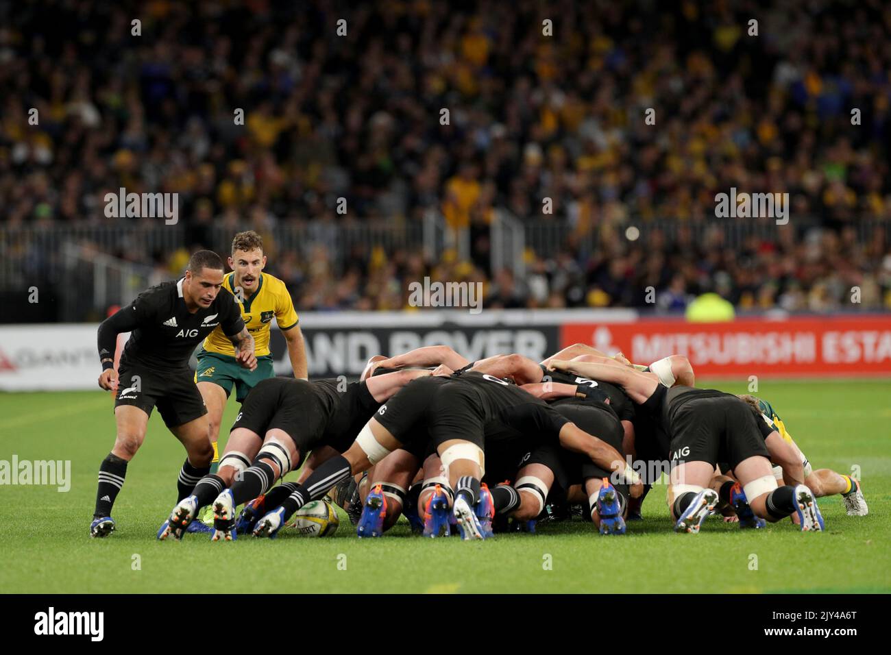 The All Blacks scrum during the Bledisloe Cup match between between the ...