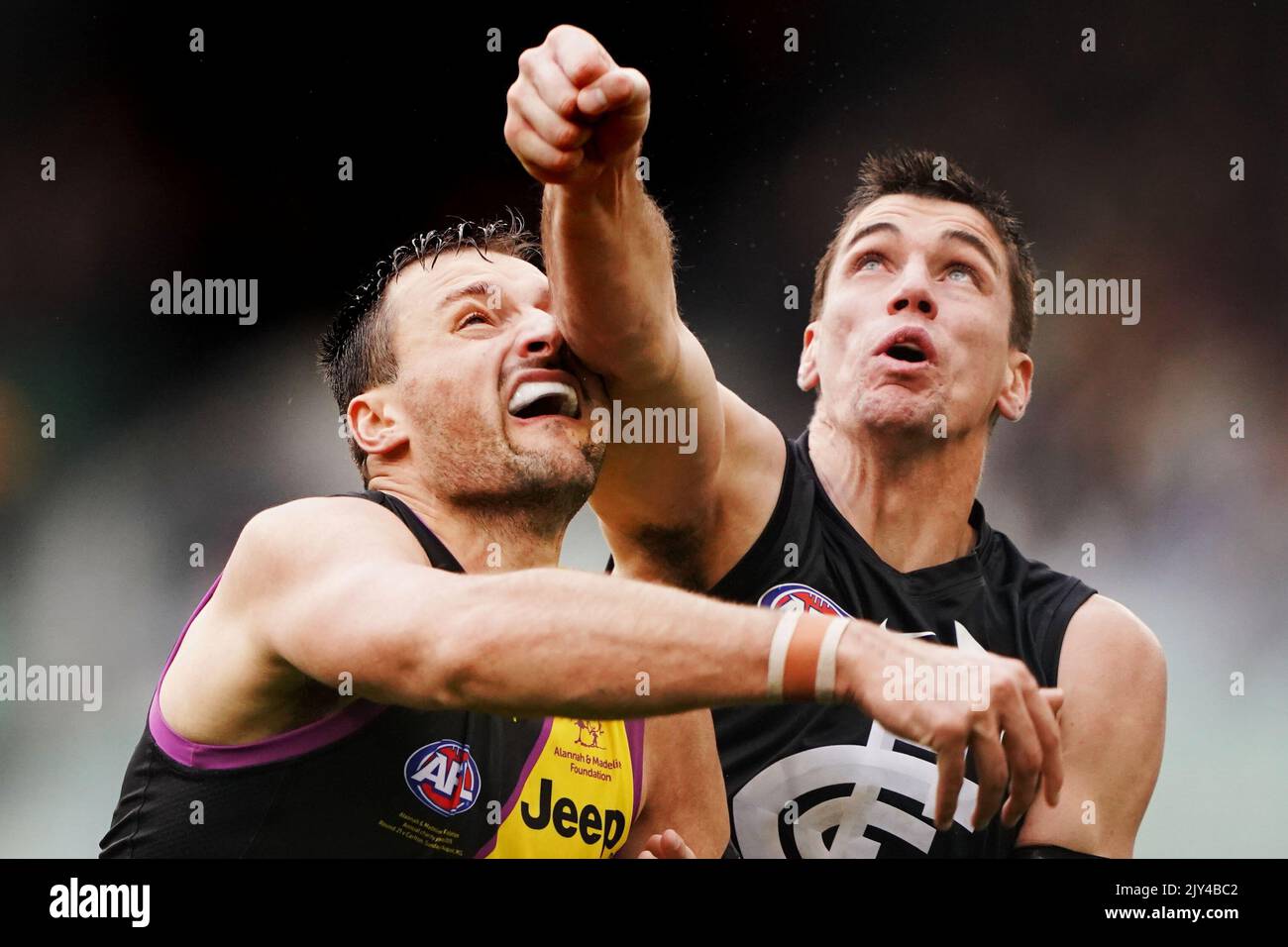 Toby Nankervis of the Tigers (L) competes for the ball against Matthew ...